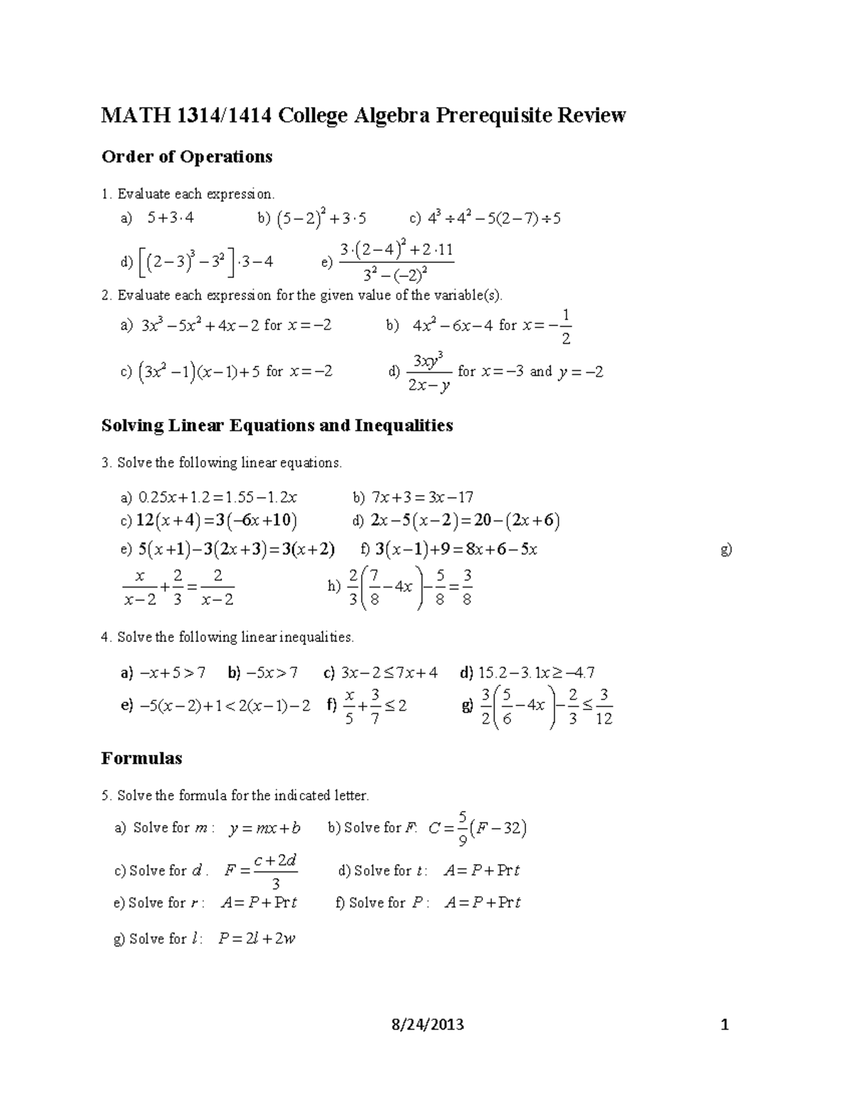 MATH 1314-1414 Prerequisite Review - MATH 1314/1414 College Algebra ...