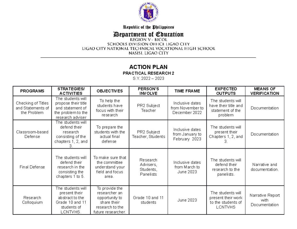 Action-Plan-1 - Do it for the best - ACTION PLAN PRACTICAL RESEARCH 2 S ...