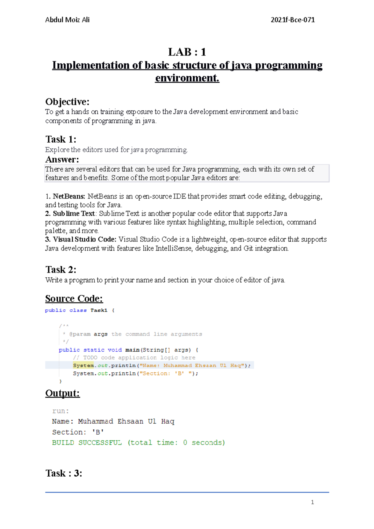 Lab 1 moiz oop - hfh - LAB : 1 Implementation of basic structure of java programming environment ...