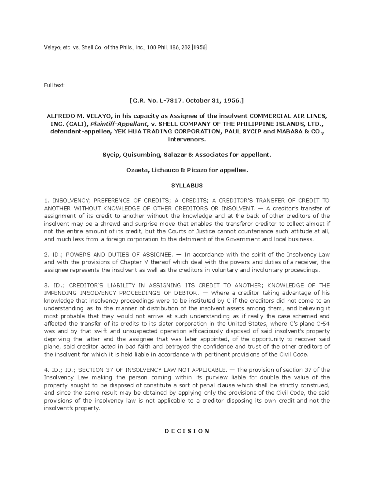 Velayo, etc. vs. Shell Co. of the Phils., Inc., 100 Phil. 186, 202 ...