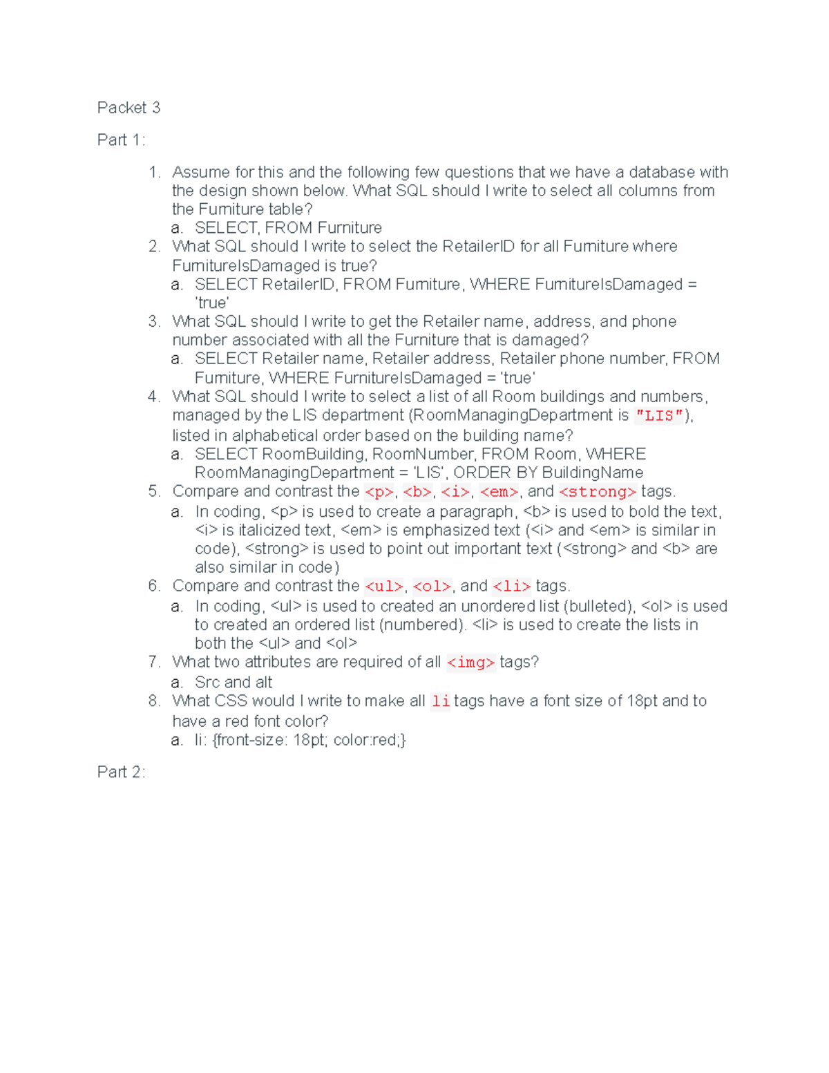 Packet 3 - Packet 3 Part 1: Assume for this and the following few ...