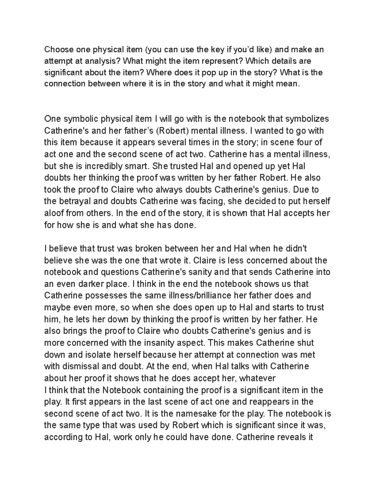 Literature work - Choose one physical item (you can use the key if you ...