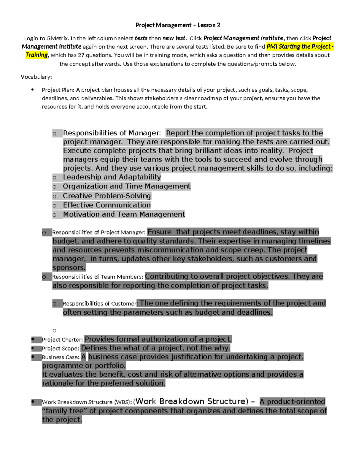 Project Management Lesson 2 - Project Management – Lesson 2 Login to ...