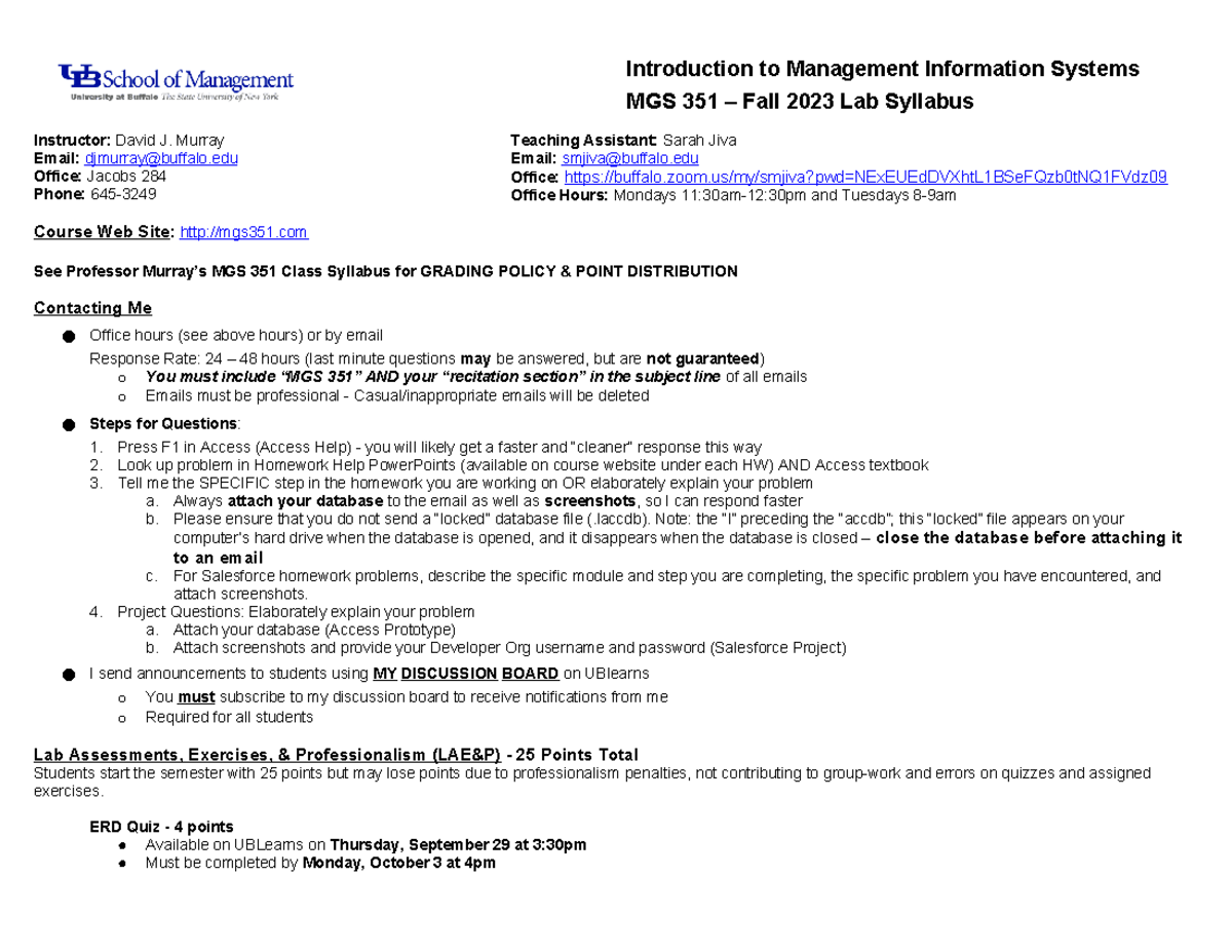 Salesforce Access Lab Syllabus - Fall - Introduction to Management ...