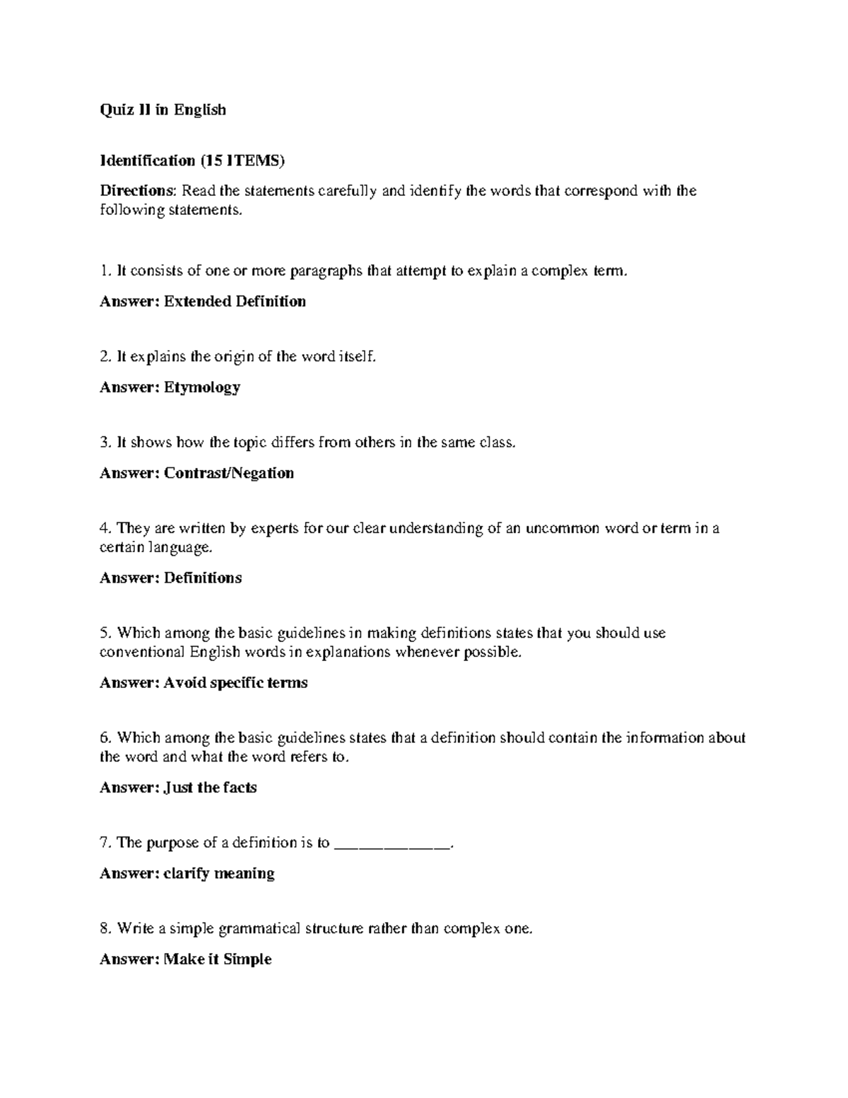 QUIZ 2 - Quiz in English 10 - Quiz II in English Identification (15 ...