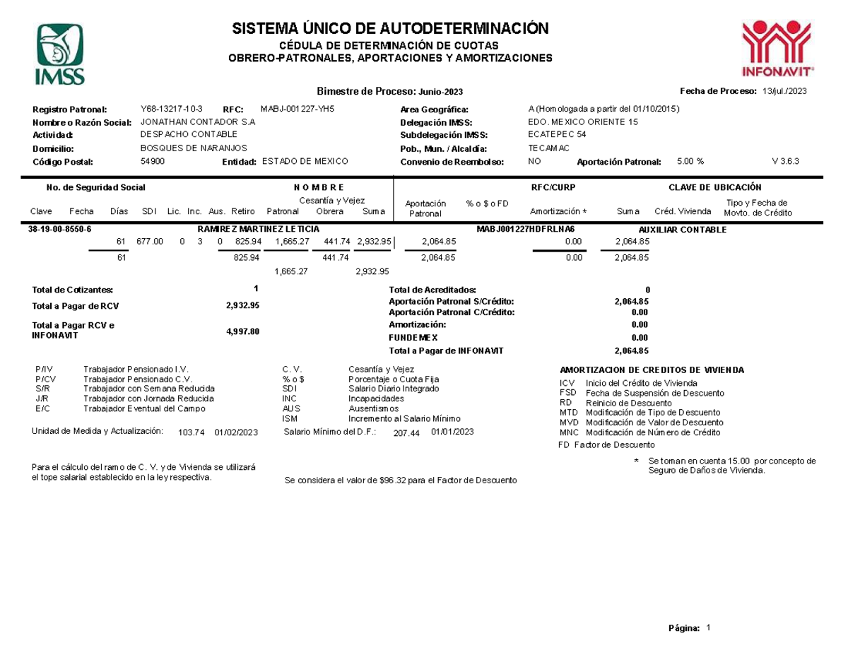 Obreropatronales junio 1 - SISTEMA ÚNICO DE AUTODETERMINACIÓN CÉDULA DE ...