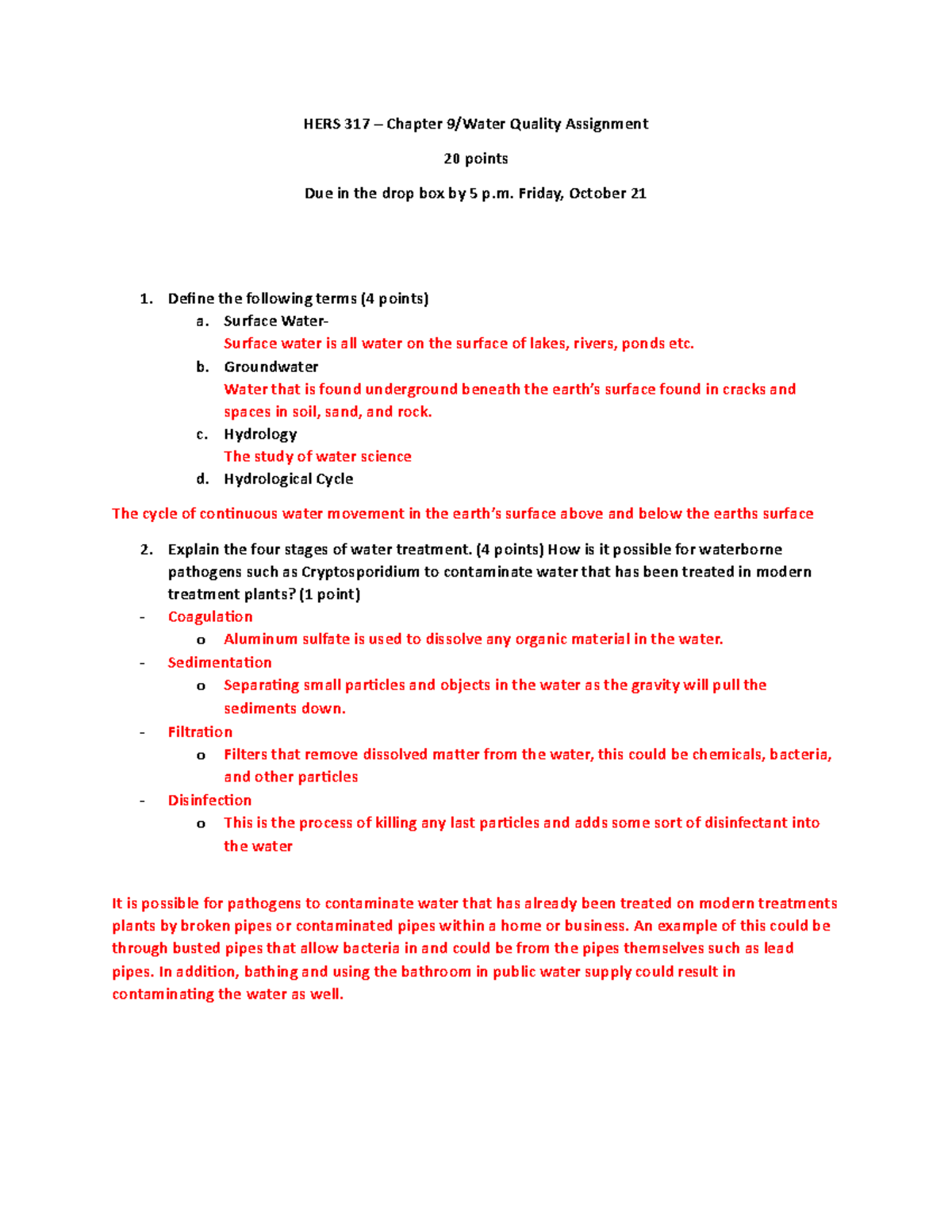 EH Assignment Chapter 9 - HERS 317 – Chapter 9/Water Quality Assignment 20 points Due in the ...