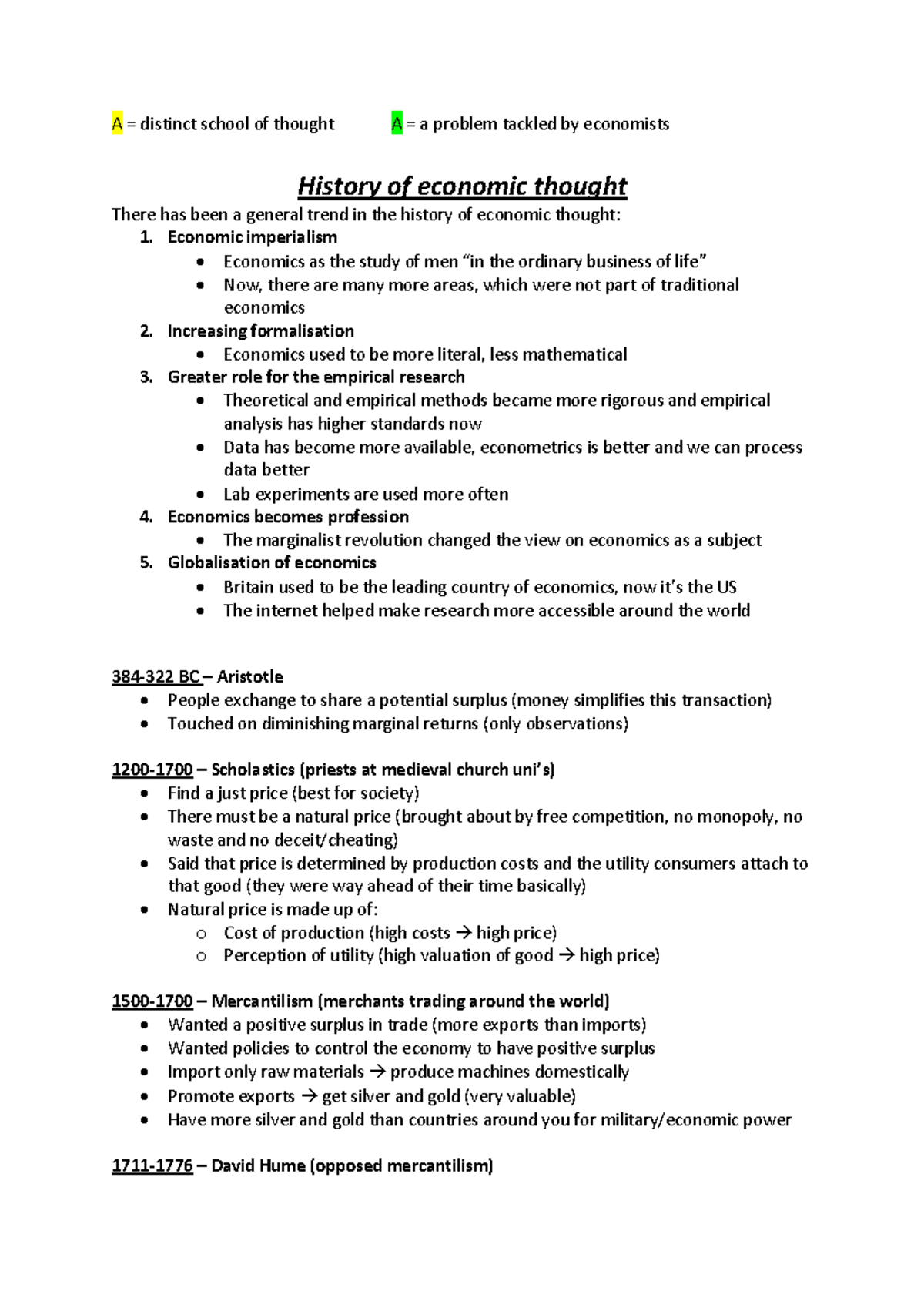 History of economic thought notes - A = distinct school of thought A ...