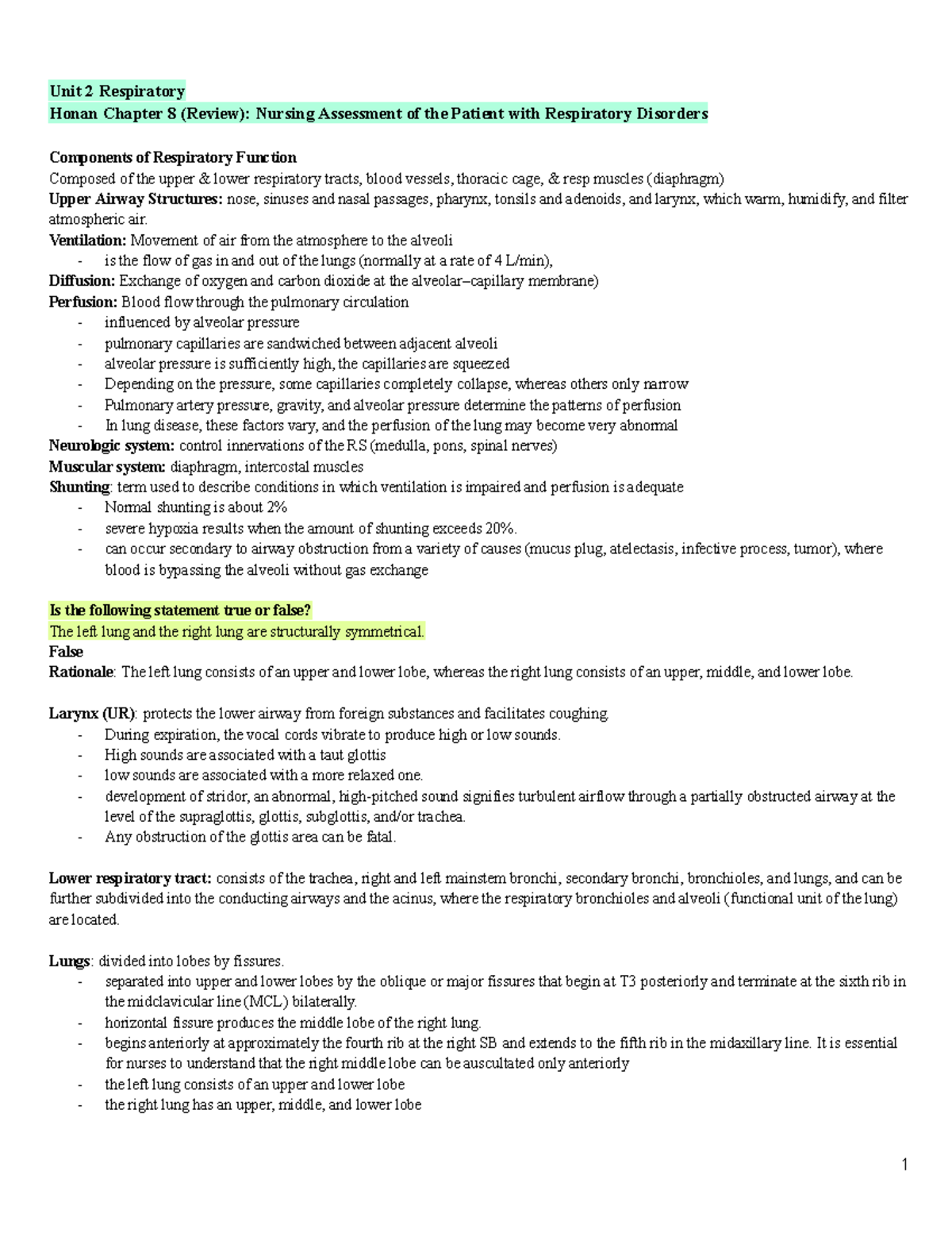 N3 Unit 2 Respiratory - resp - Unit 2 Respiratory Honan Chapter 8 ...