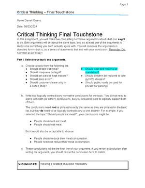 Critical Thinking Touchstone 4 - Critical Thinking – Final Touchstone ...