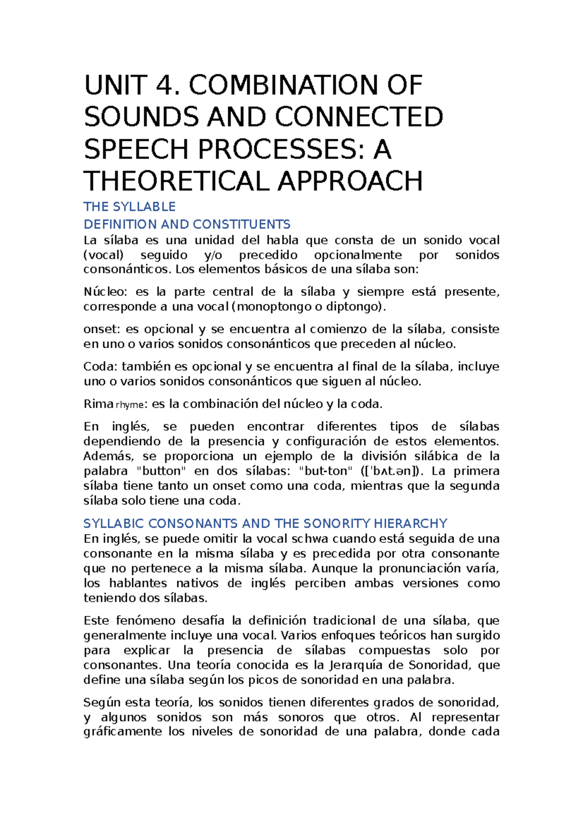 UNIT 4 - resumen - Pronunciación de la Lengua Inglesa - UNED - Studocu