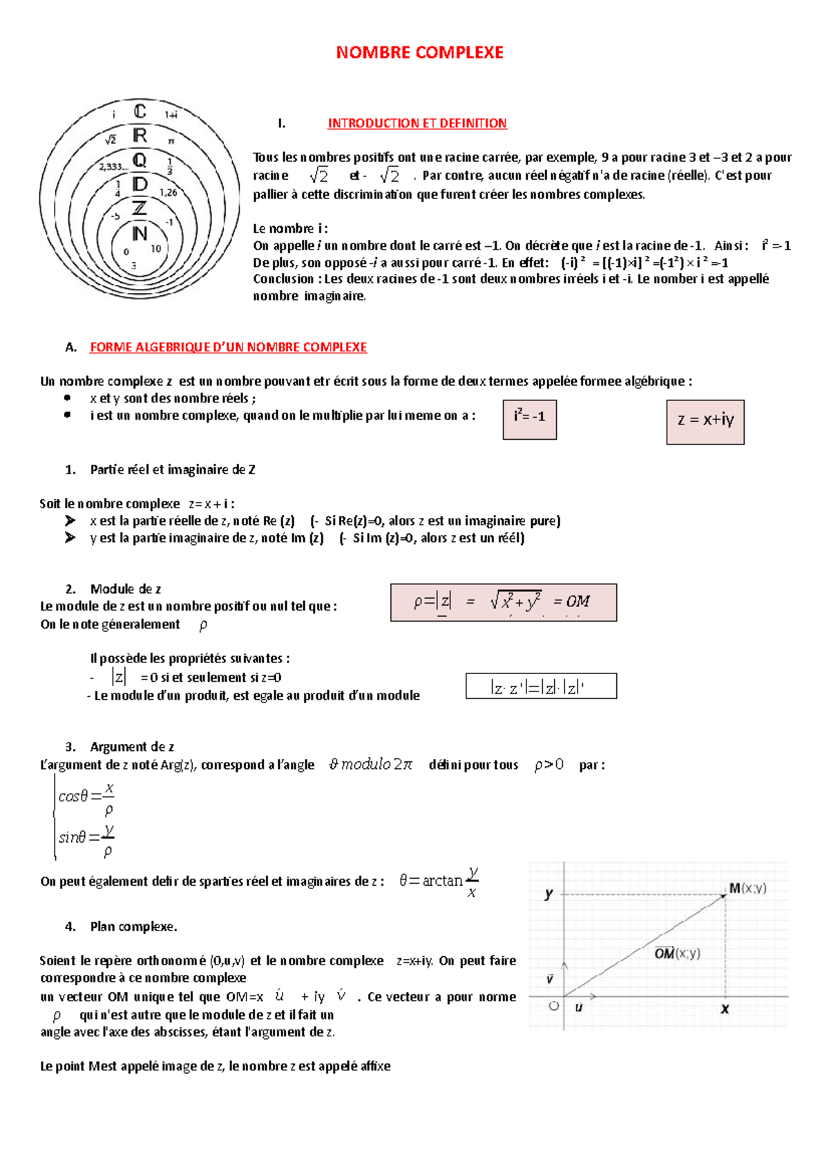 Nombre Complexe - Notes de cours 1 - NOMBRE COMPLEXE I. INTRODUCTION ET ...