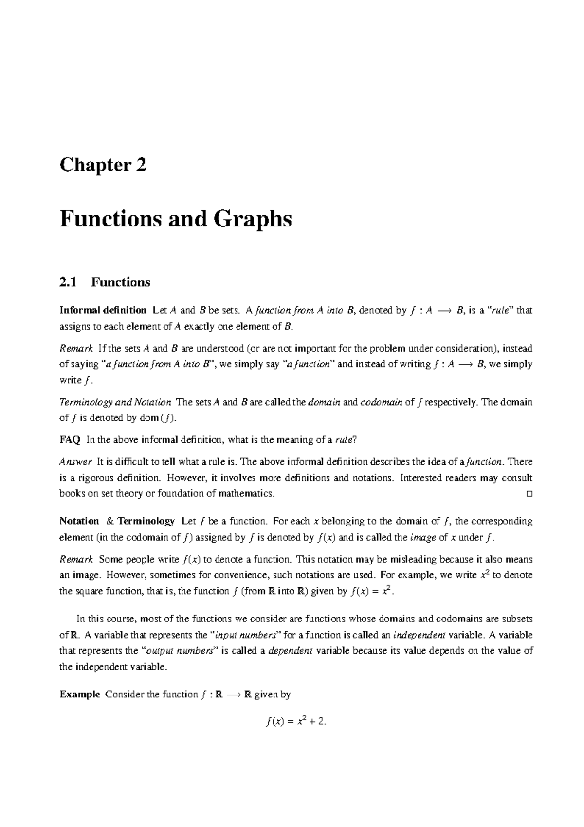 Functions review - Chapter 2 Functions and Graphs 2 Functions Informal ...