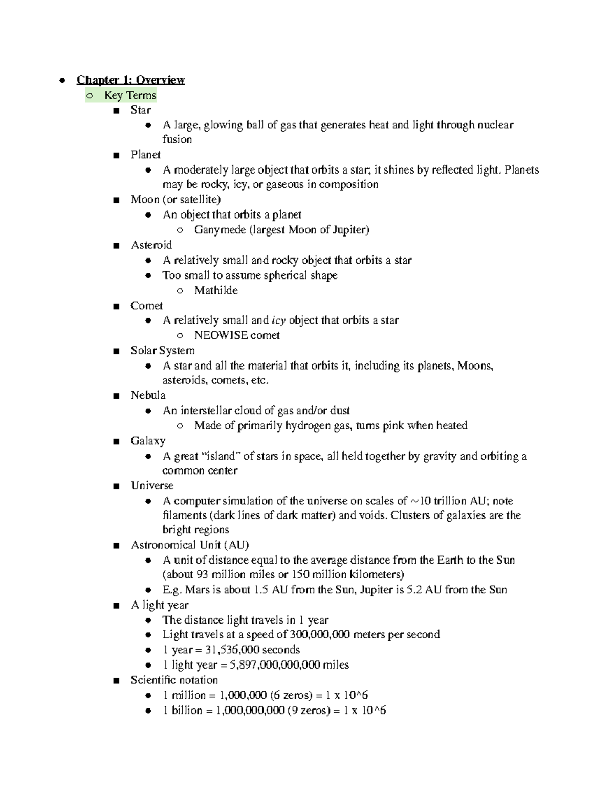 Astr 100 Lecture And Reading Notes Of Entire Course Chapter 1 Overview Key Terms Star A