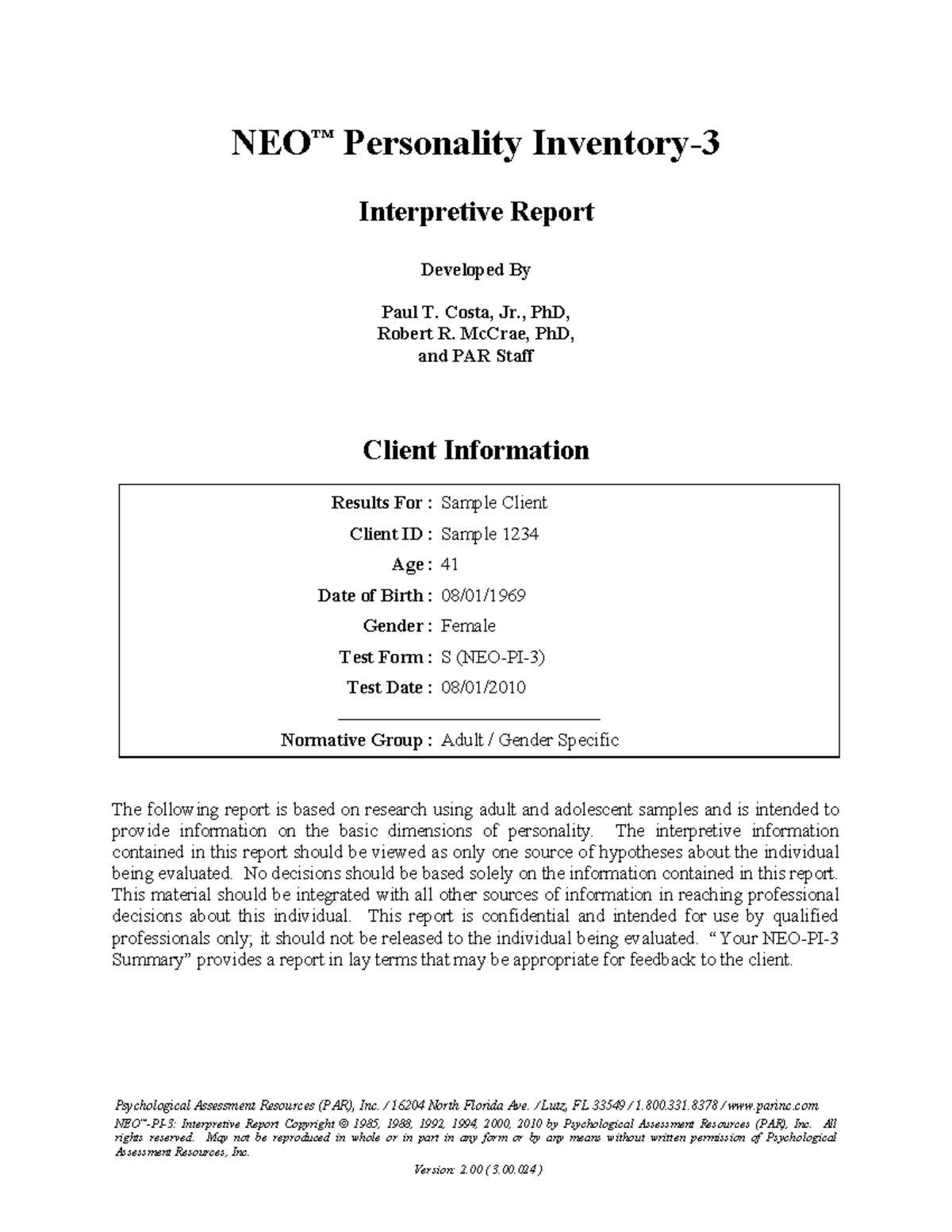 NEO PI-3 Interp Rpt Sample Report - NEO ™ Personality Inventory ...