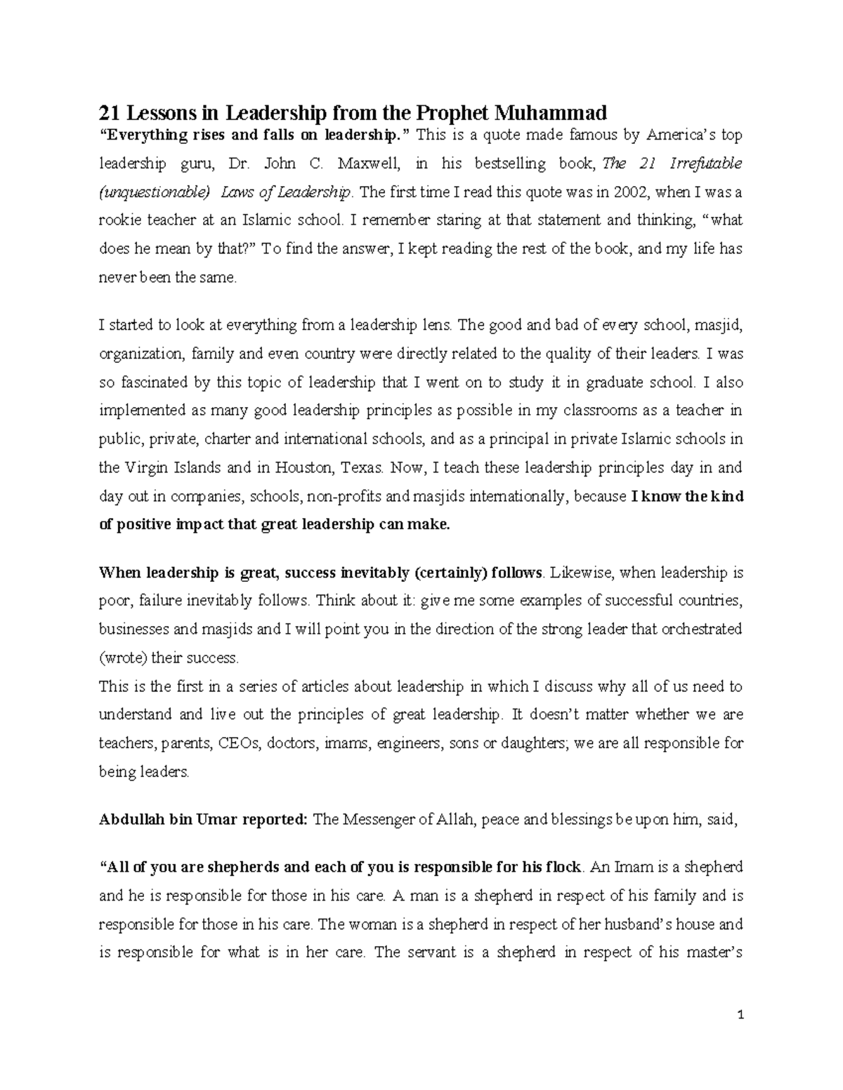 Lessons in Leadership from the Prophet Muhammad P.B.U.H - 21 Lessons in ...