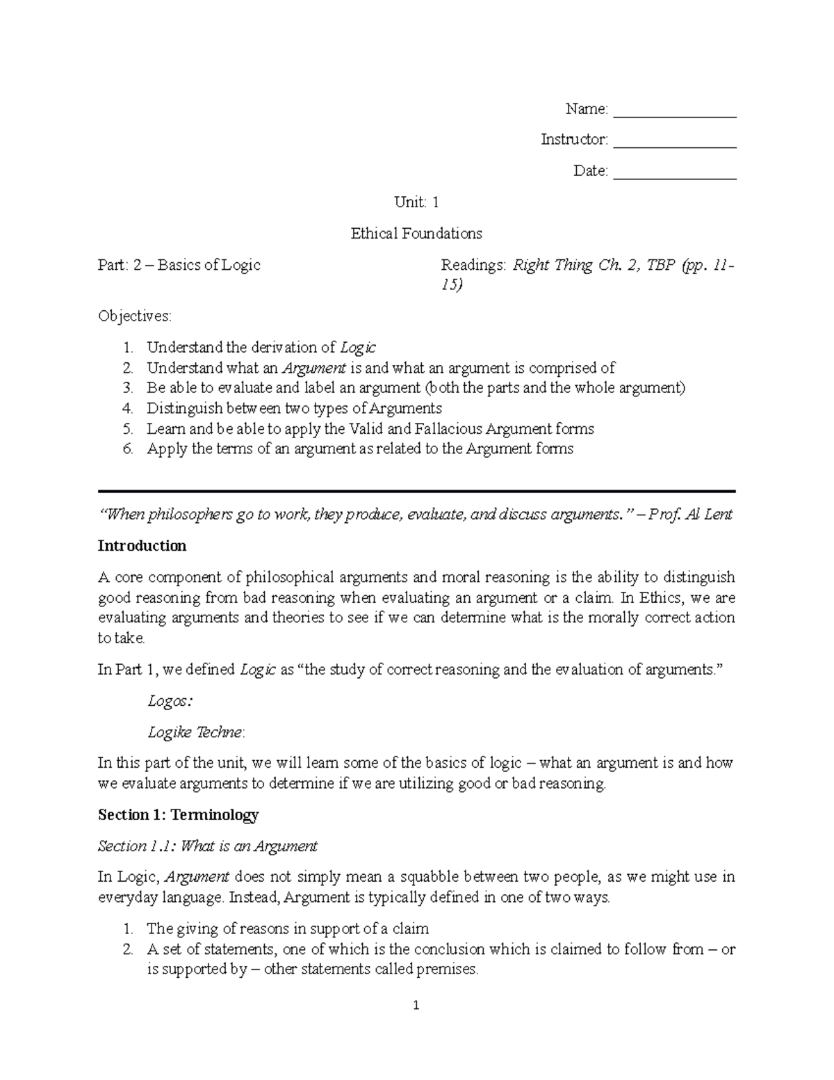 Unit 1, Part 2 - The Basics of Logic (Notes) - Name ...