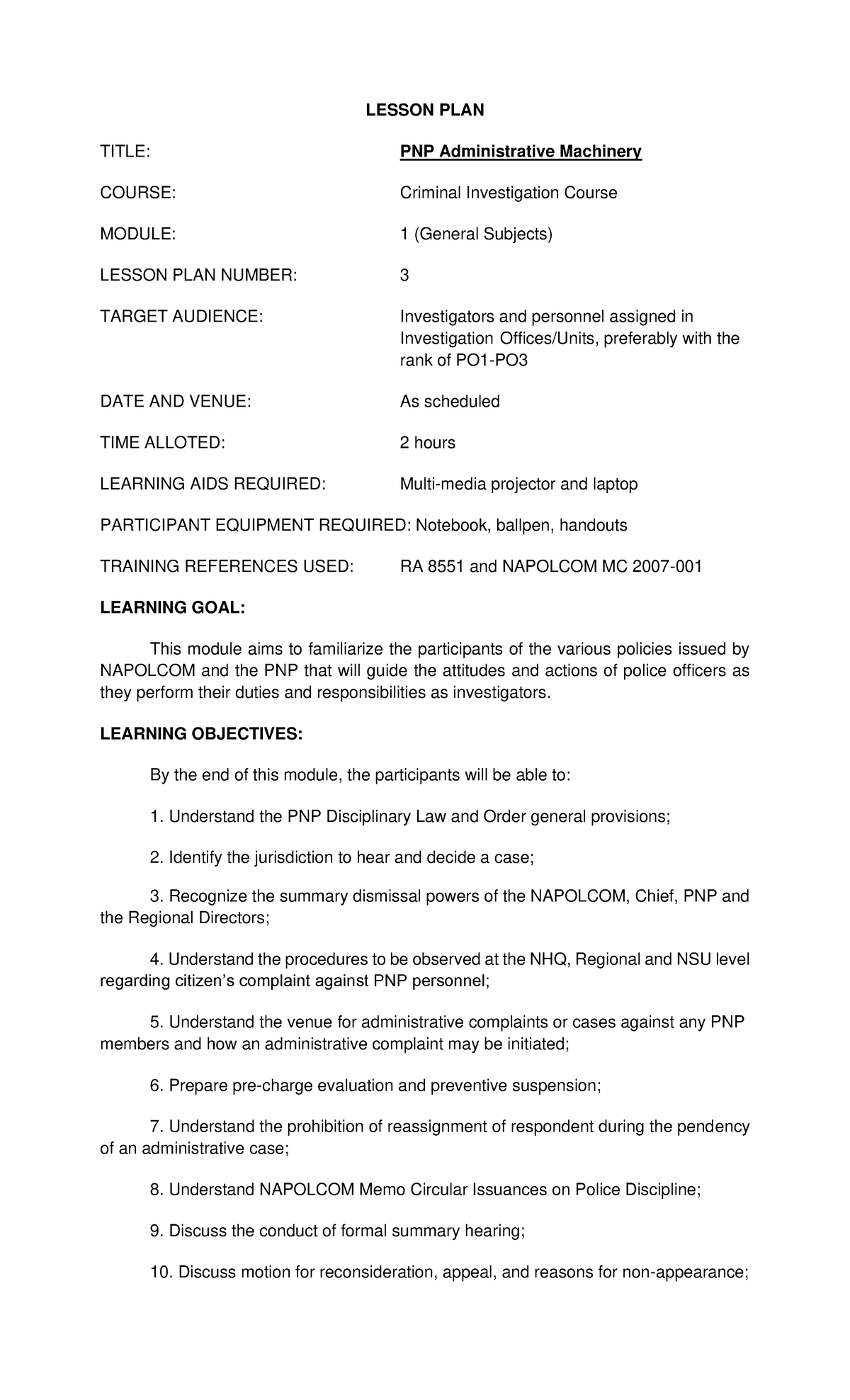POL3 - SKANDKJABUID - LESSON PLAN TITLE: PNP Administrative Machinery ...