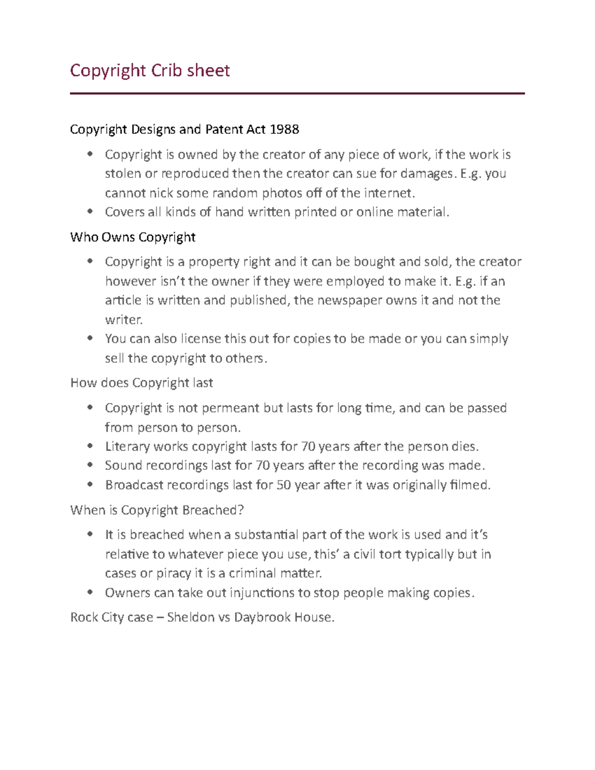 Copyright Crib sheet - lecture notes - Copyright Crib sheet Copyright ...