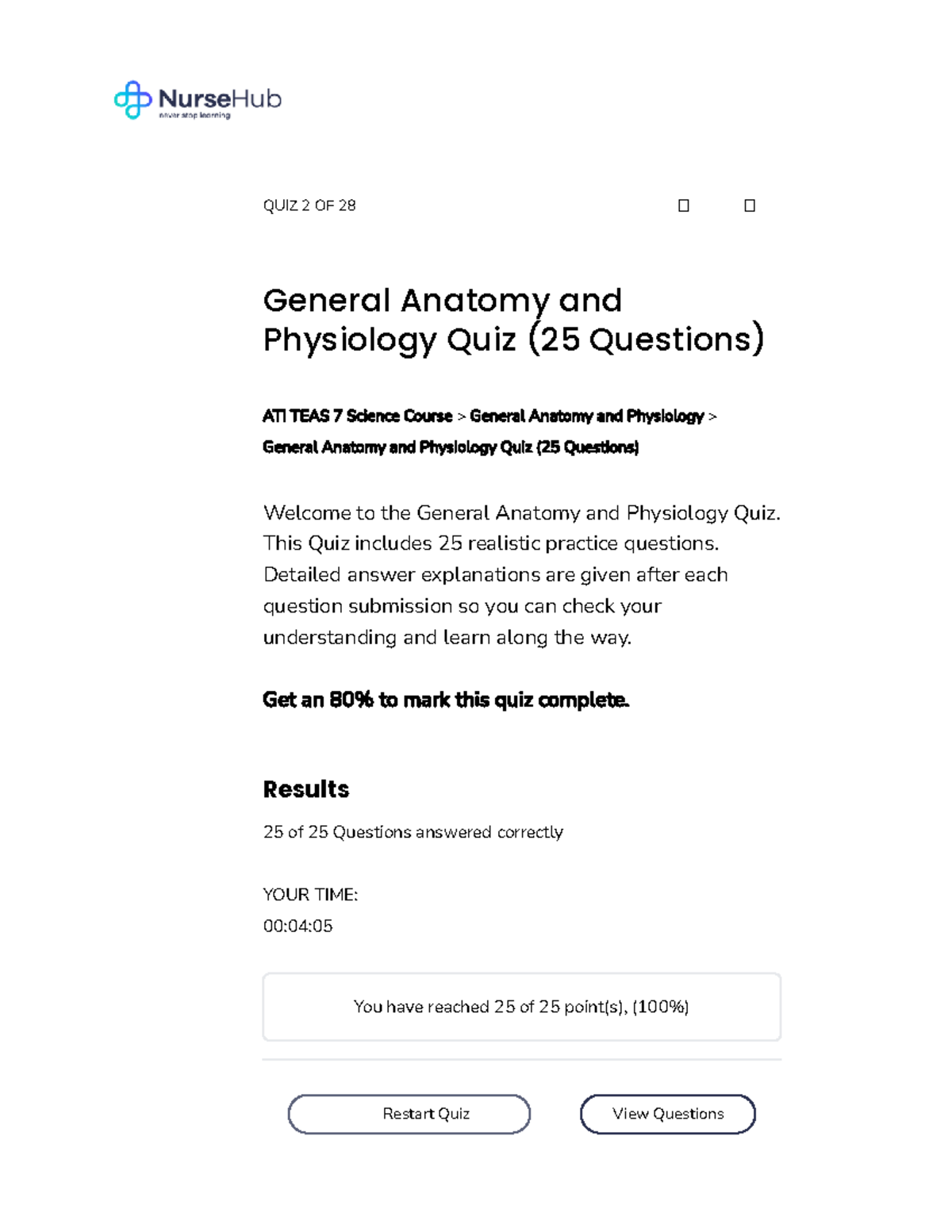 General Anatomy and Physiology Quiz Nurse Hub - ATI TEAS 7 Science ...