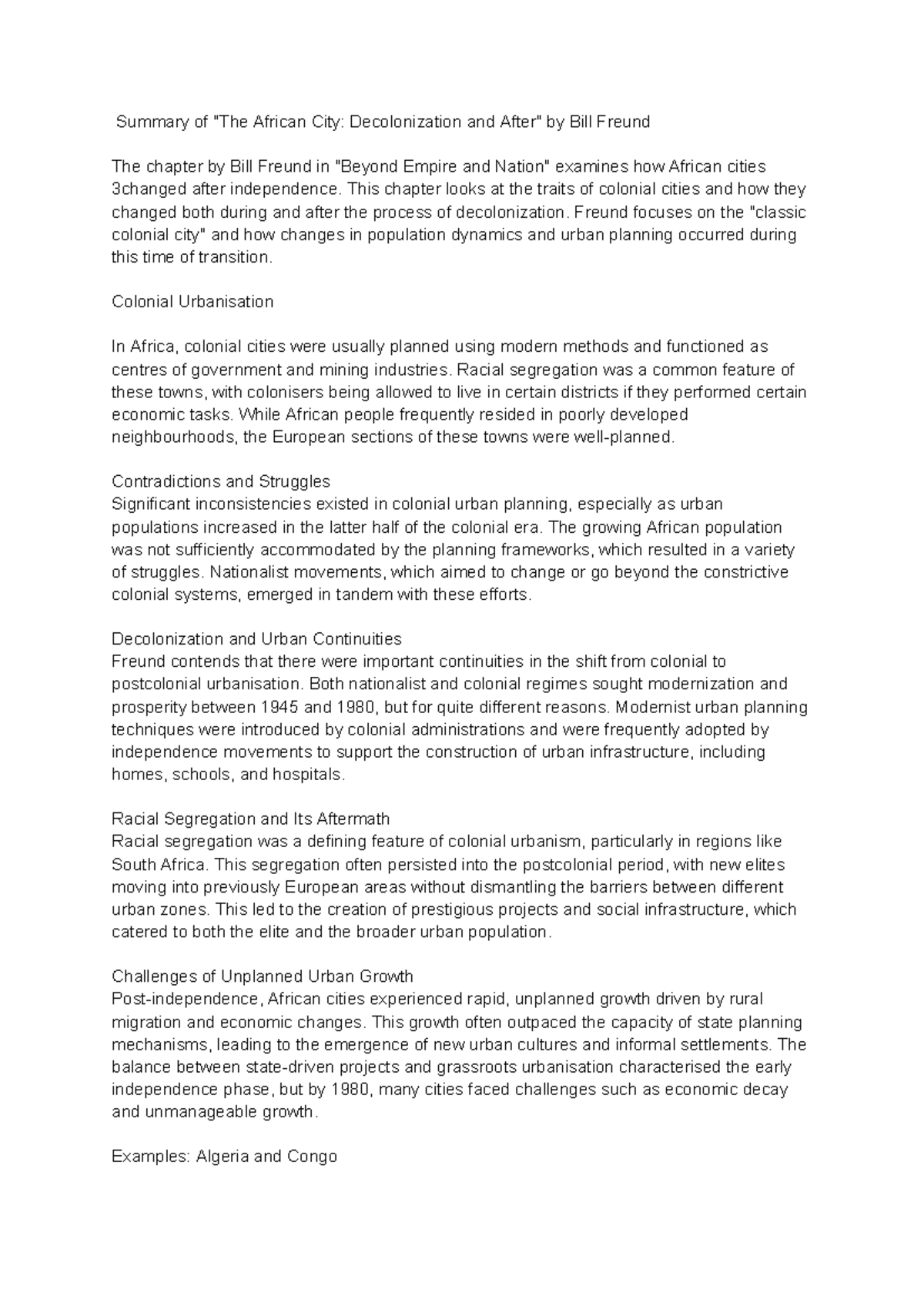 Summary of The African City Decolonization and After by Bill Freund ...