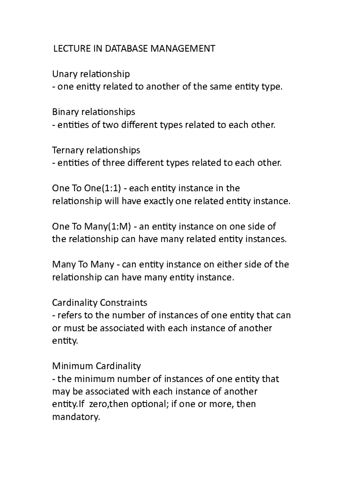 Lecture 6 - LECTURE IN DATABASE MANAGEMENT Unary relationship one ...