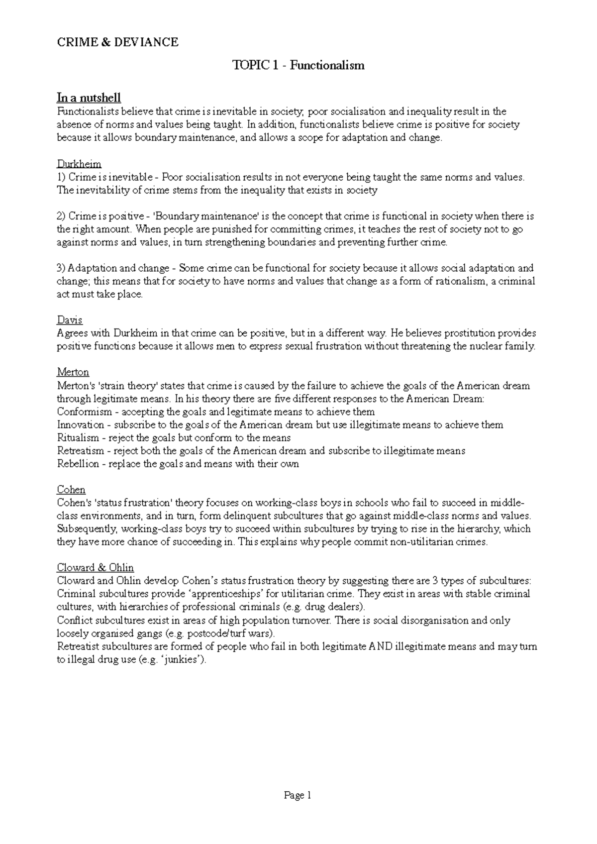 Crime and Deviance - TOPIC 1 - Functionalism In a nutshell ...