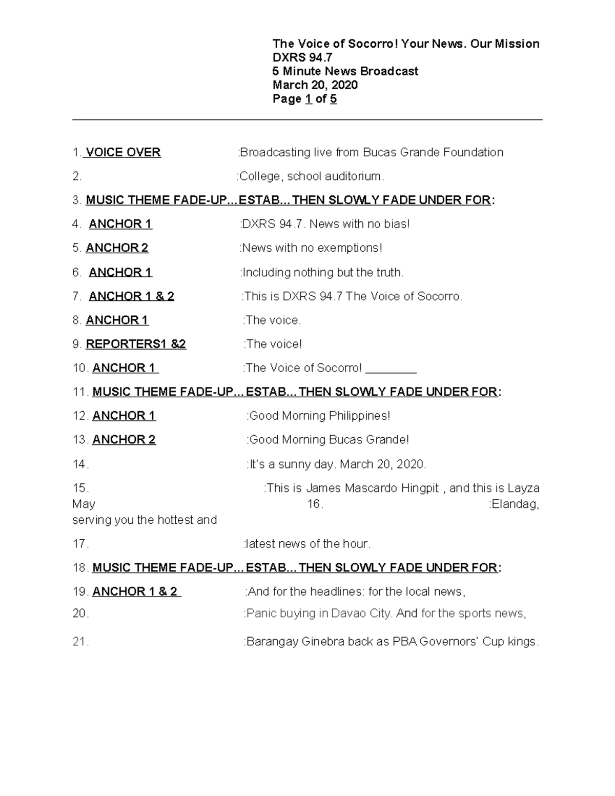 Broadcasting script - DXRS 94. 5 Minute News Broadcast March 20, 2020 ...