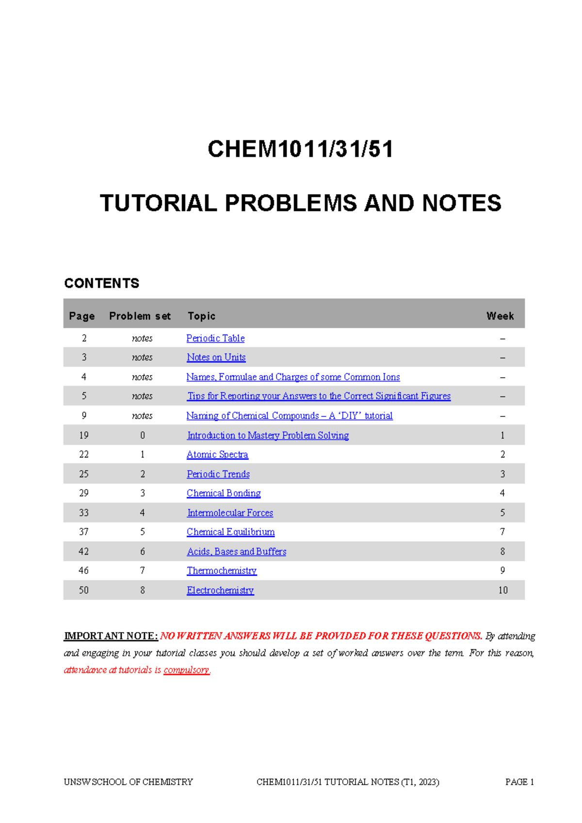 Tutorials Tutorial Questions By Week Unsw School Of Chemistry Chem10113151 Tutorial Notes