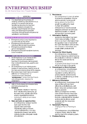 Entrep reviewer - I. LESSON 1- WHAT IS ENTREPRENEUR it is described as ...