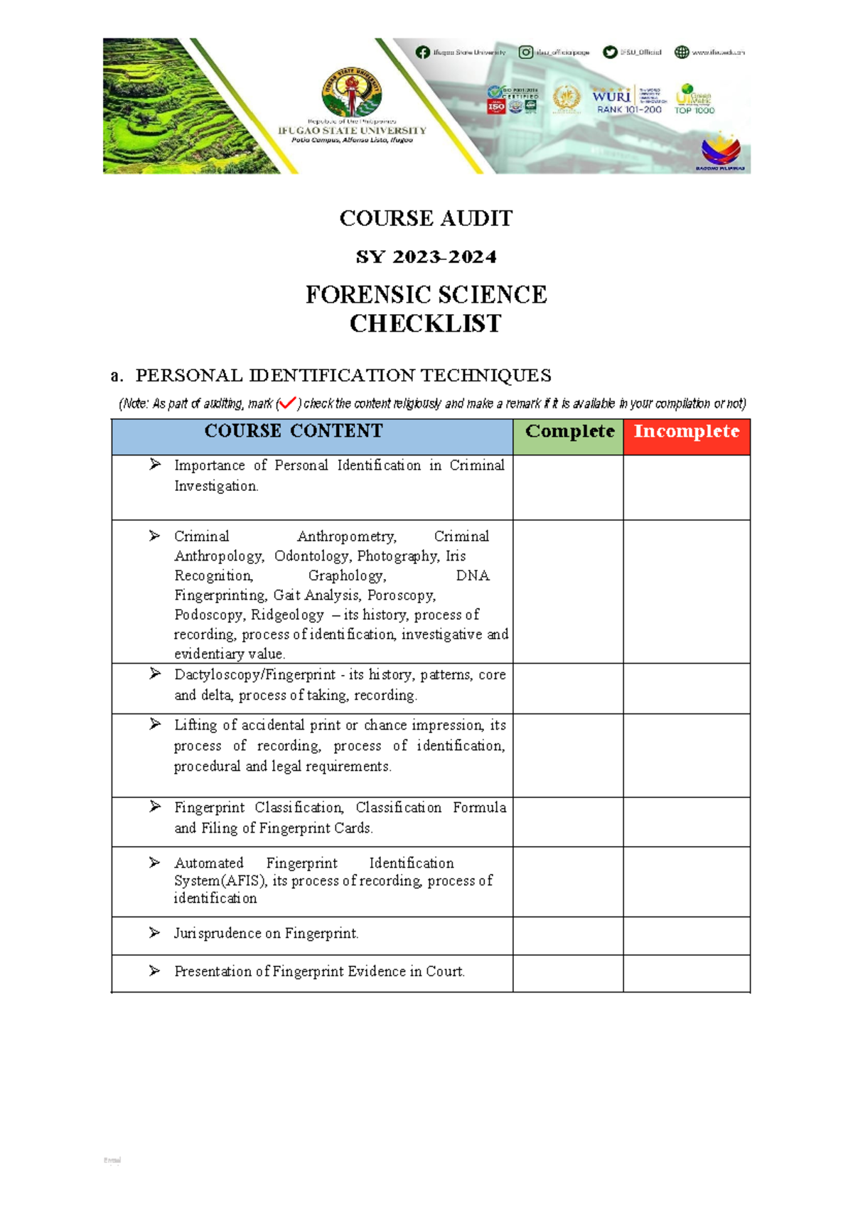 Course Audit Forensic Checklist 287 - SY 2023- FORENSIC SCIENCE ...