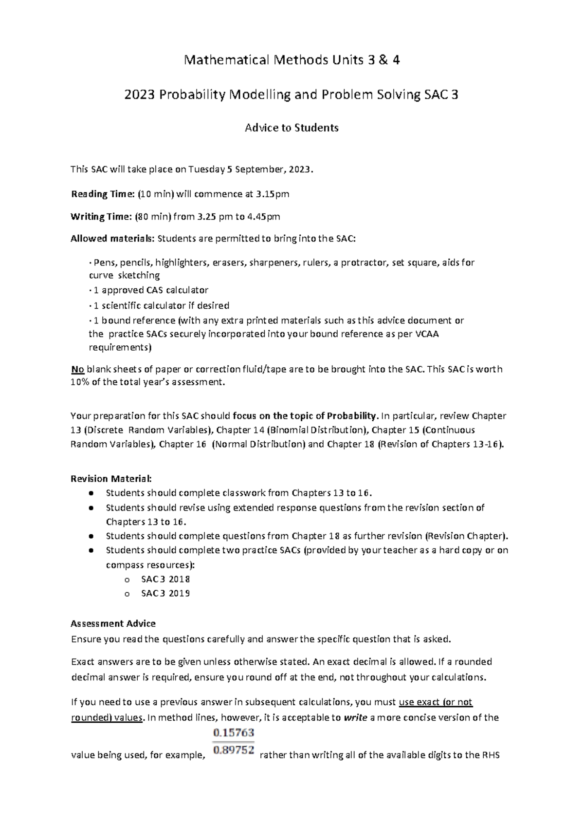 2023 Probability SAC 3 - Advice to students - Mathematical Methods ...