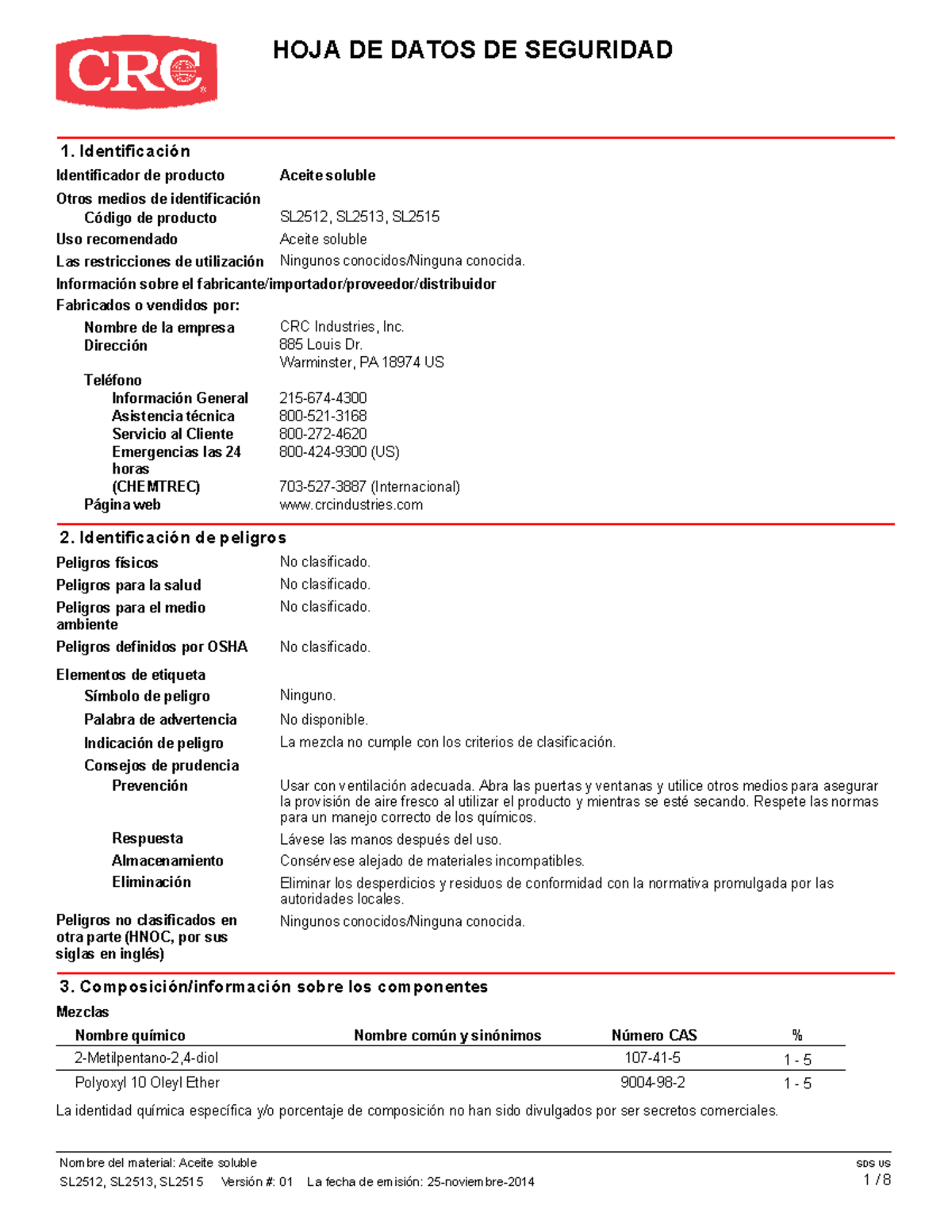 Hoja de seguridad aceite soluble - HOJA DE DATOS DE SEGURIDAD 1 ...
