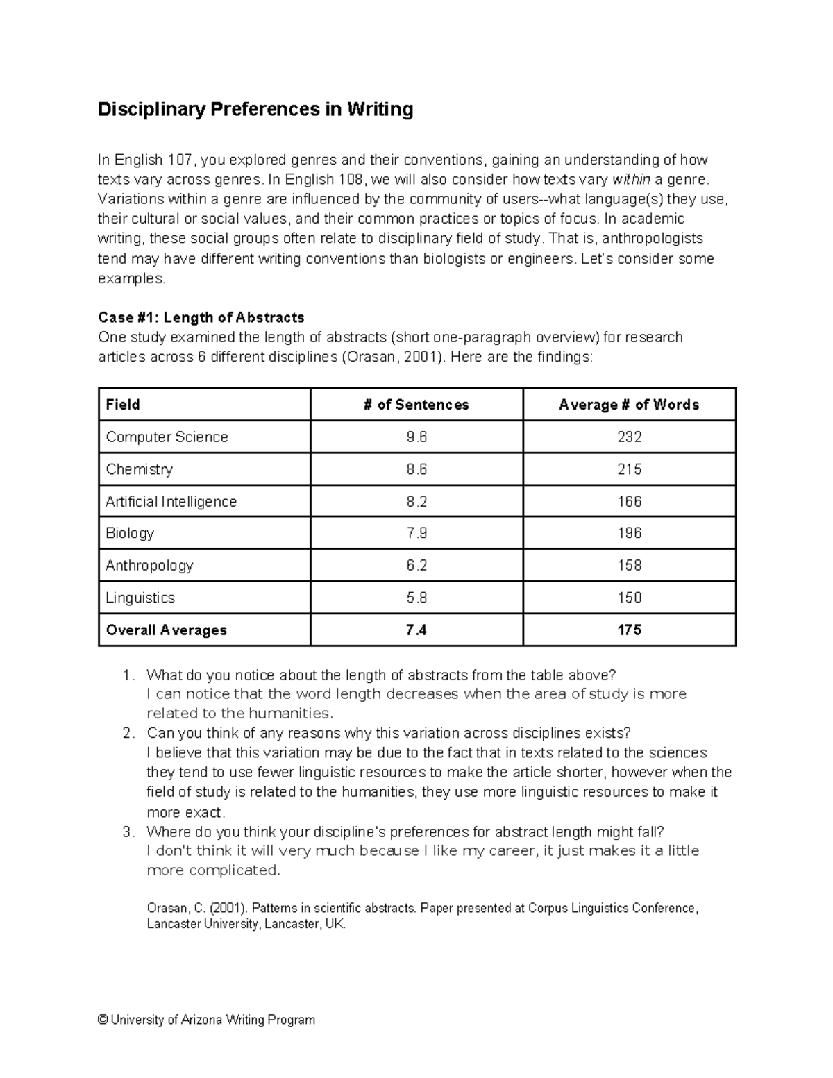 Disciplinary Preferences in Writing - In English 108, we will also ...