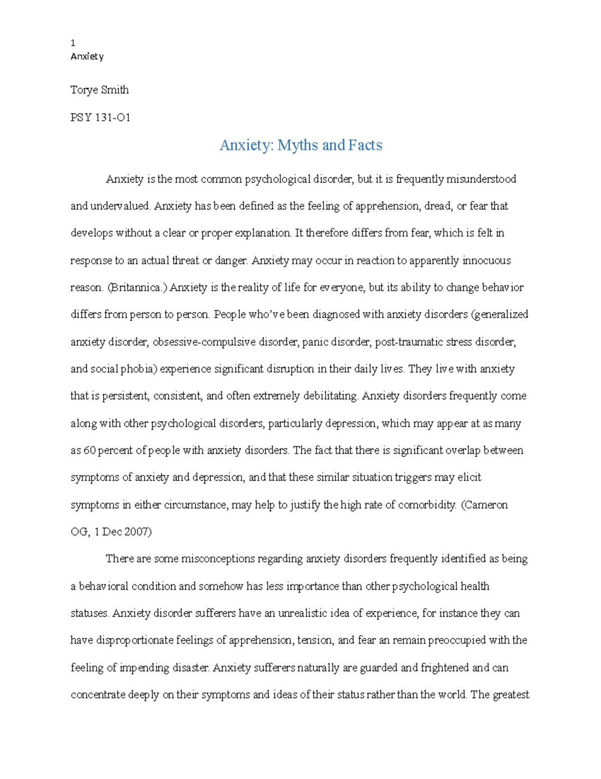 Anxiety Myths and Facts - 1 Anxiety Torye Smith PSY 131-O Anxiety ...