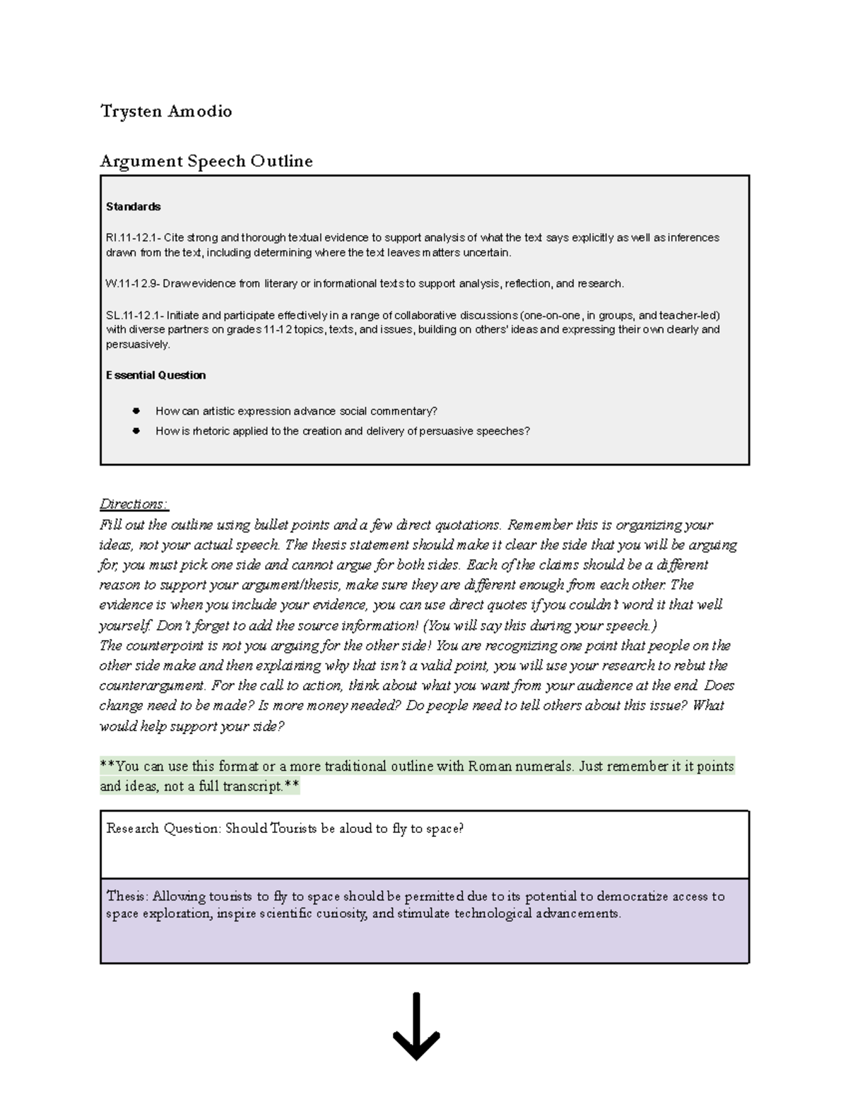 Copy Of Argument Speech Outline Trysten Amodio Argument Speech Outline Standards Ri 11 12