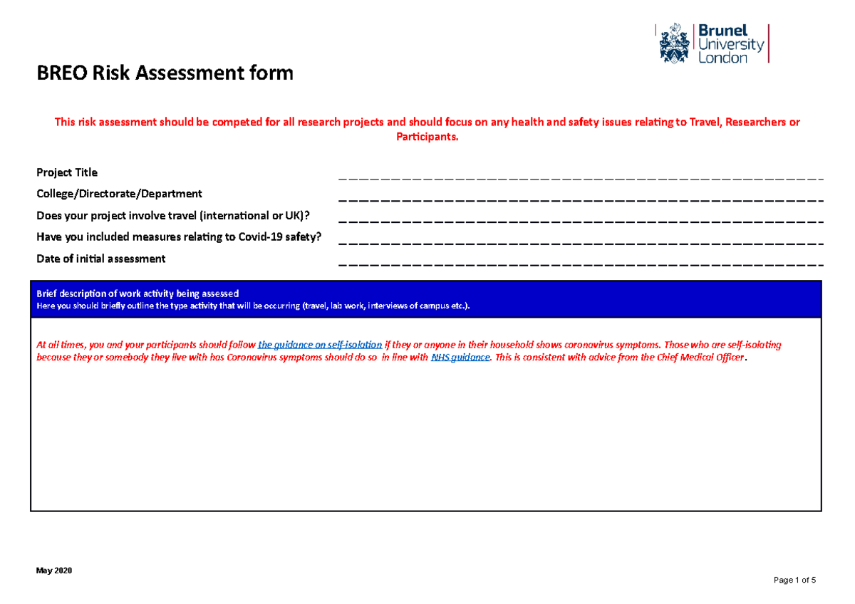Risk Assessment Template - BREO Risk Assessment form This risk ...