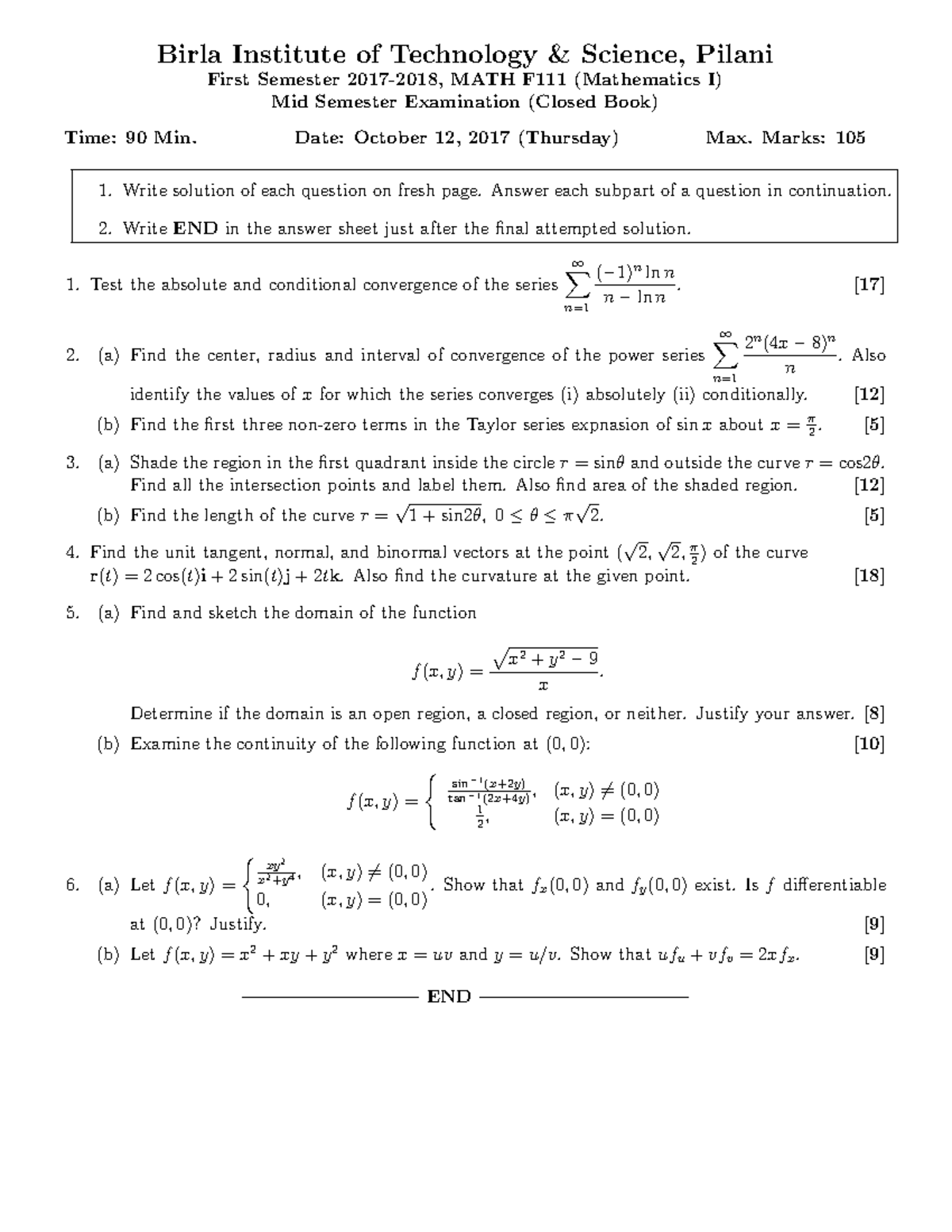 MATH F111 1010 T1 2017 1 - Mathematics - I - BITS Pilani - Studocu