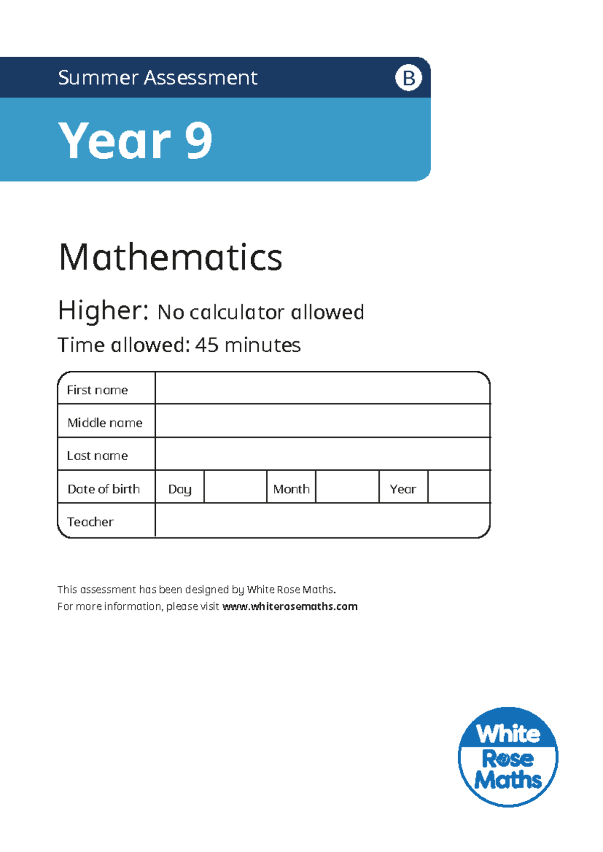 Year 9 Mathematics Summer White Rose Higher B - Summer Assessment Year ...