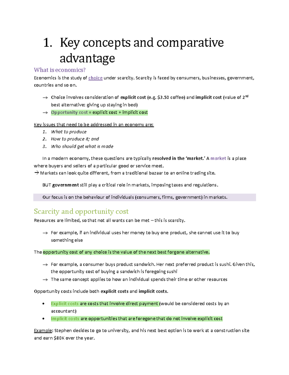 Ecoon 1001 ALL Notes Final Revision - 1. Key concepts and comparative ...