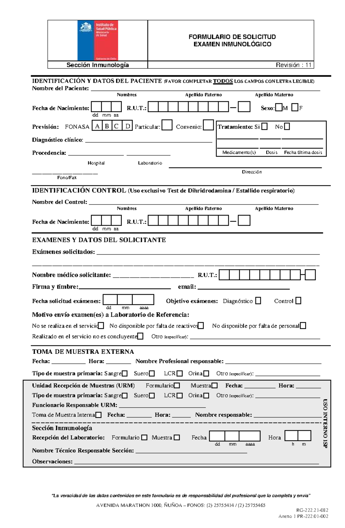 Formulario De Solicitud De Análisis De Sangre