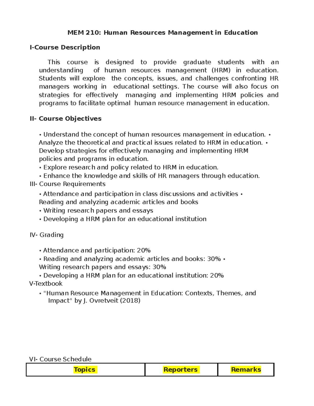 MEM 210-Human Resource Mgt. in Education c Ourse Outlin WITH Reporters ...