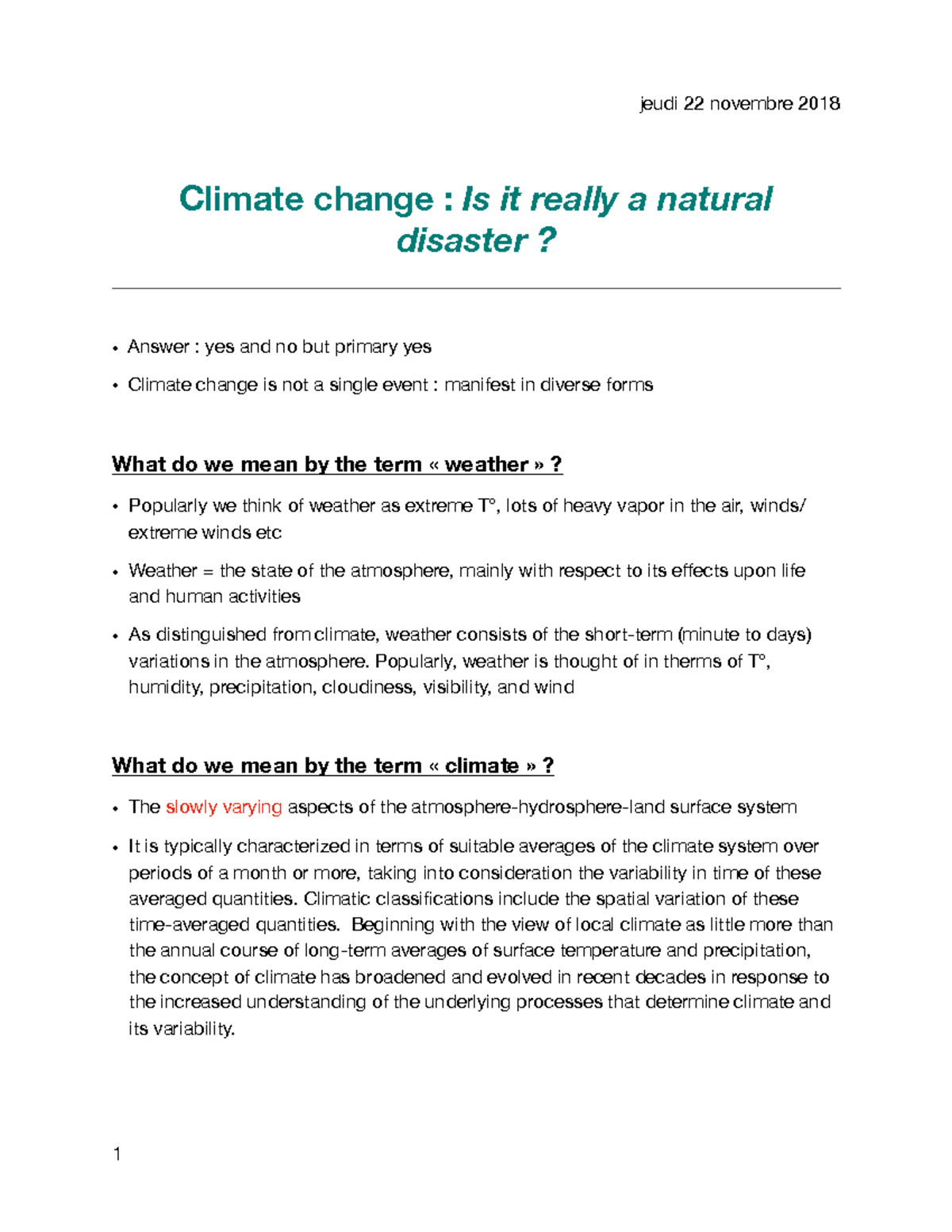 Lecture Notes on Climate change - jeudi 22 novembre 2018 Climate change ...