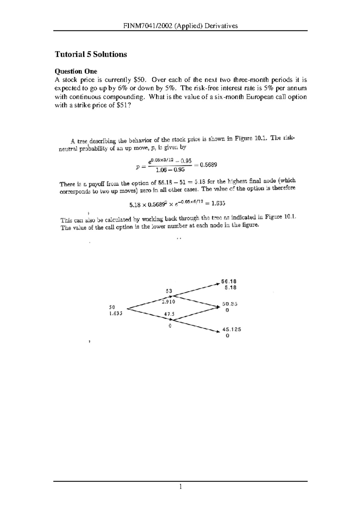 Tutorial 5 Solutions - FINM7041/2002 (Applied) Derivatives 1 Tutorial 5 Solutions Question One A ...