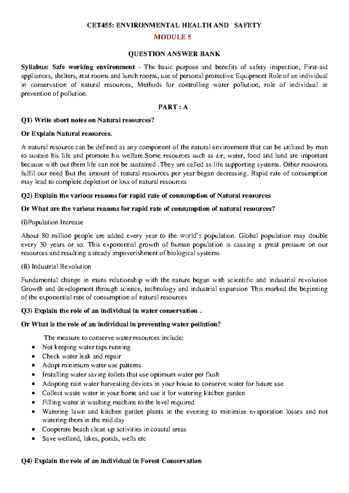 Module 5 Question Answer BANK - CET455: ENVIRONMENTAL HEALTH AND SAFETY ...