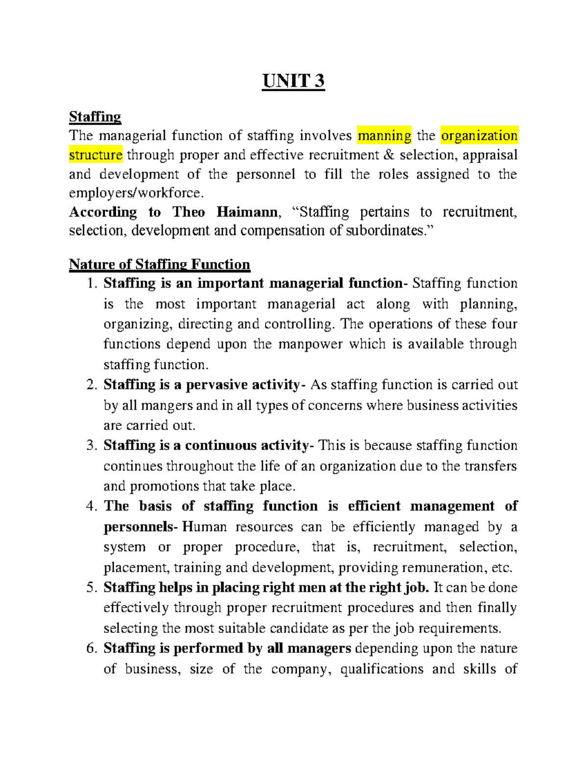 1. UNIT 3 POM Part 1 - pom unit 1 notes - UNIT 3 Staffing The ...
