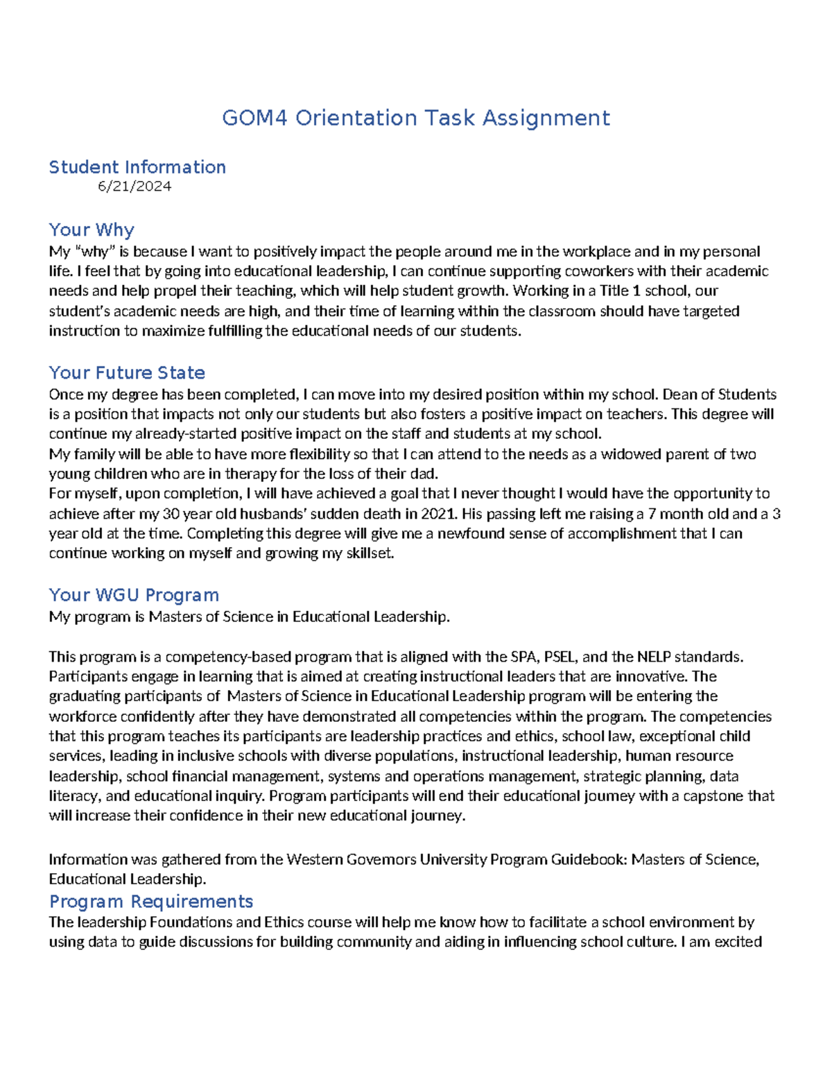 Orientation TASK 1 Self reflection overview - GOM4 Orientation Task Assignment Student ...