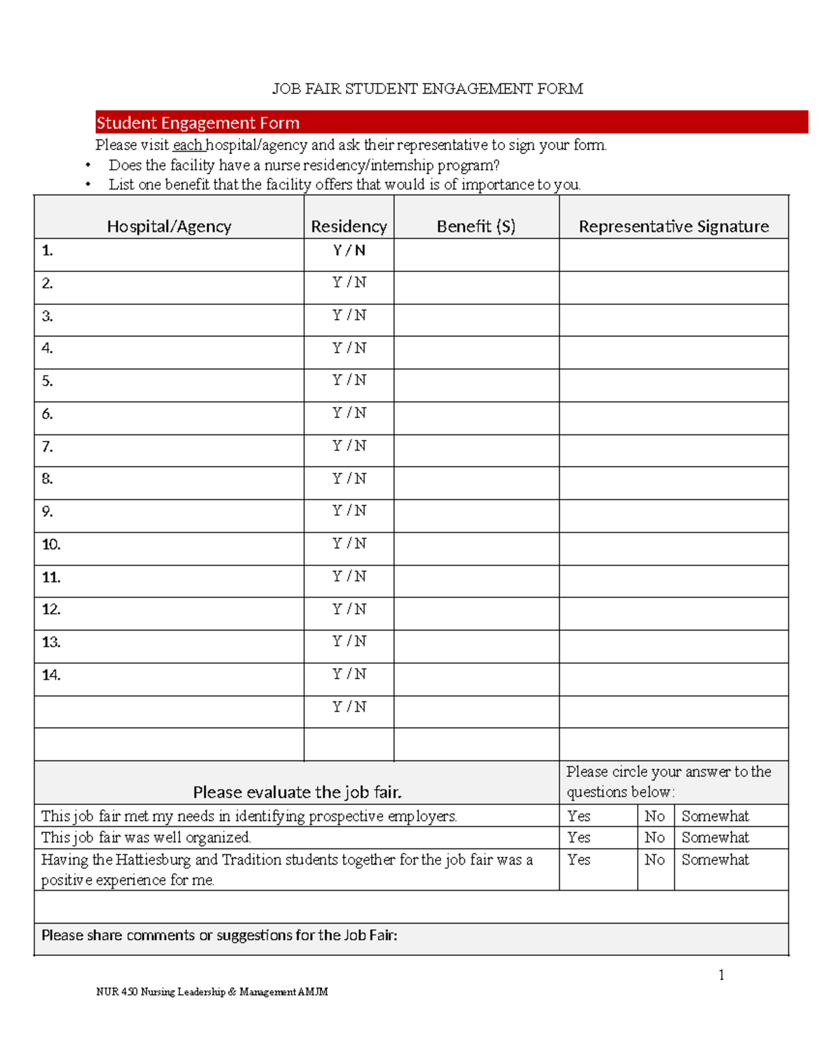 Job fair - yasss - JOB FAIR STUDENT ENGAGEMENT FORM Student Engagement ...