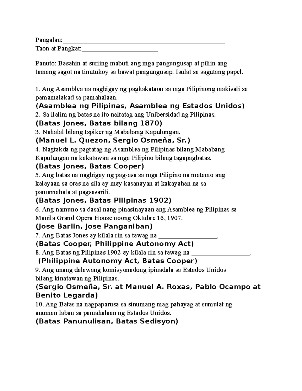 Activity Sheet A.P 6 - Pangalan:_______________________________________________ Taon at - Studocu