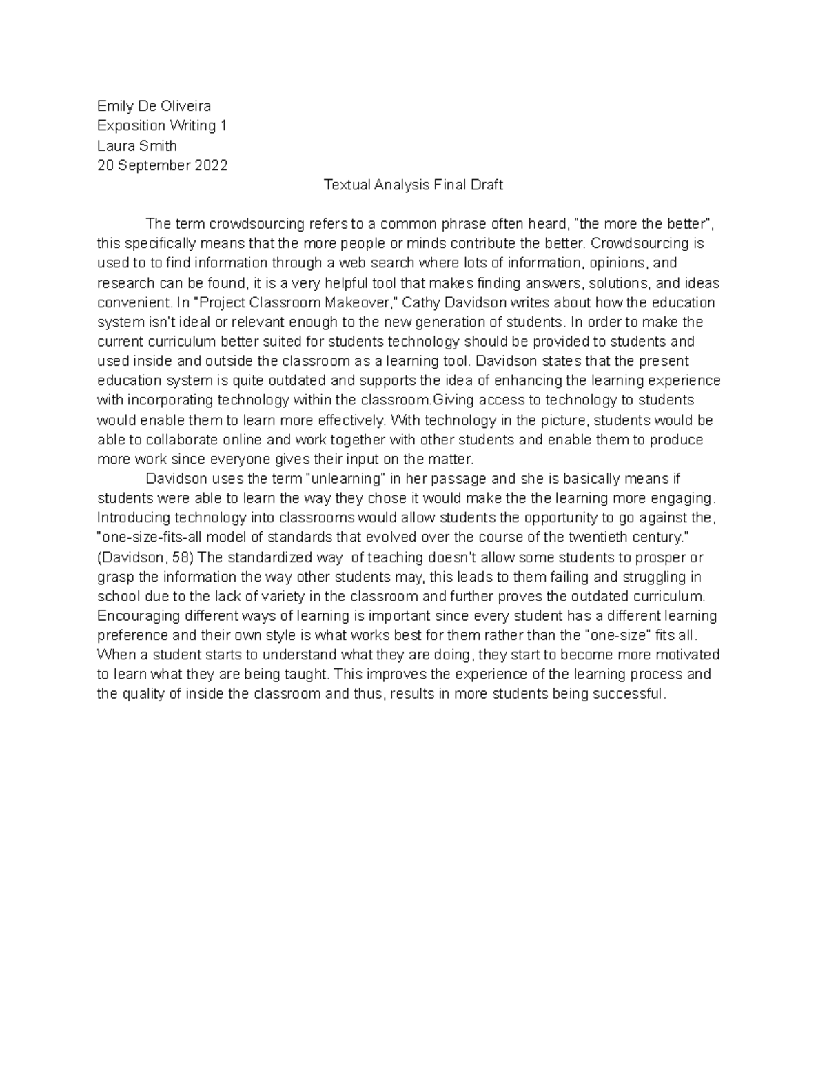 Expos 101 Textual Analysis Final Draft - Emily De Oliveira Exposition ...